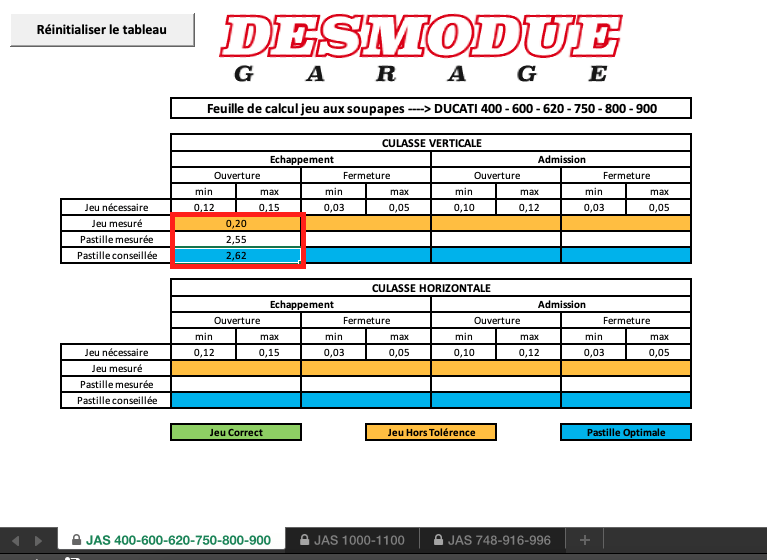Outil et Tableur jeu aux soupapes Ducati – Desmodue Garage
